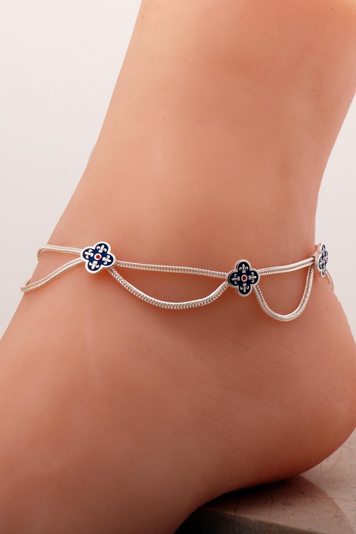 Sümer Telkari - Halhal - Yonca Mineli Elişi Hasır Gümüş Halhal 376